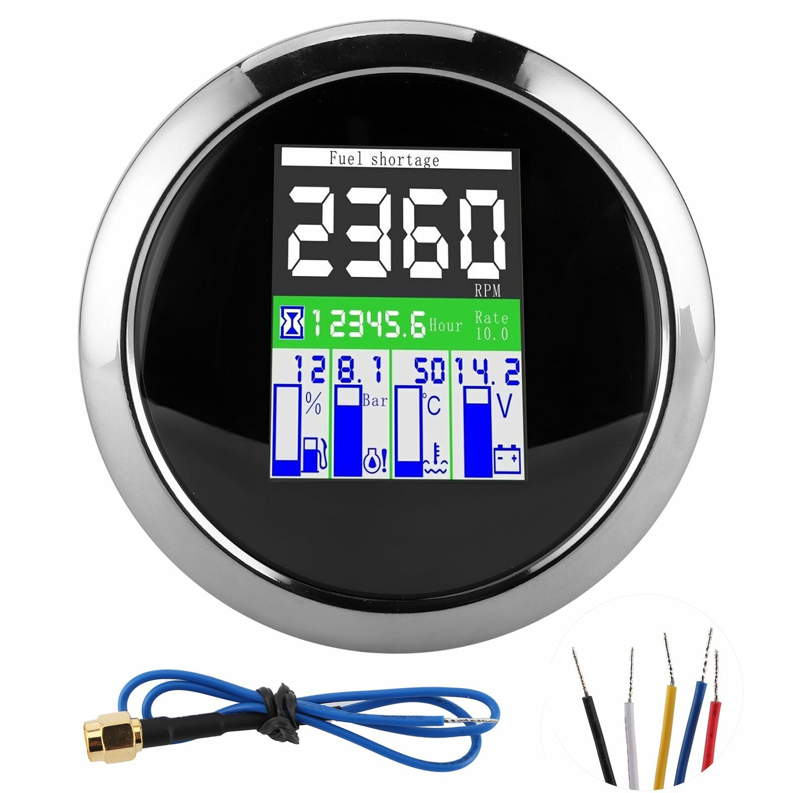 Многофункциональный датчик 85 мм RPM Temp Oil Pressure Fuel Level Meter для автомобиля, подвесного мотоцикла, черный циферблат