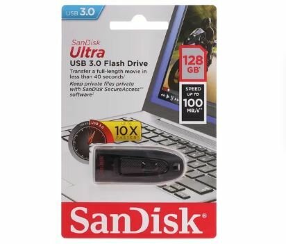 Память USB Flash 128 ГБ SanDisk Ultra (SDCZ48-128G-U46) - USB 3.2 Gen1, до 100 Мбайт/сек, выдвижной (слайдер), металл, пластик