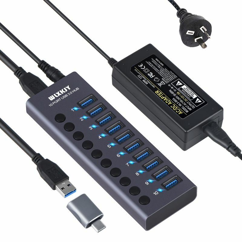 Концентратор USB 3.0 с питанием, 10-портовый разветвитель данных индивидуальным переключателем ВКЛ/выкл и удлинителем адаптера питания 5 В, 0,5 А