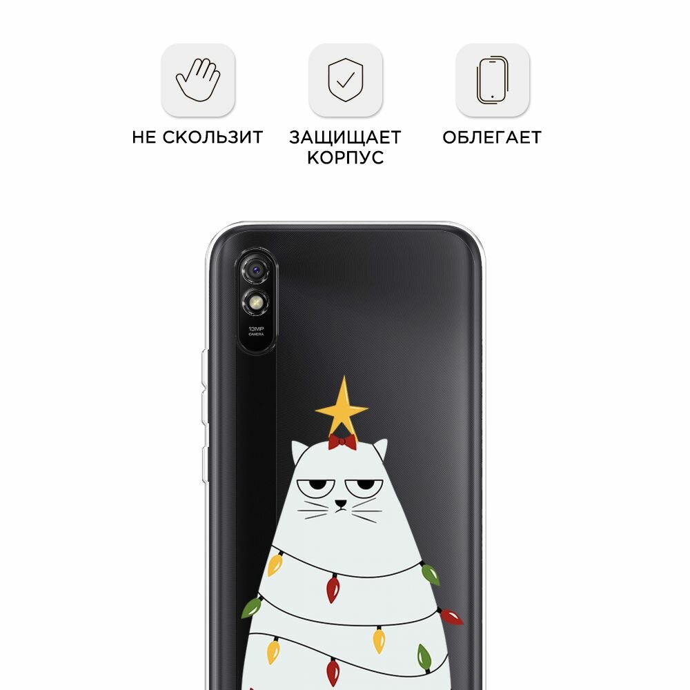 Чехол на Xiaomi Redmi 9A / Сяоми Редми 9А с принтом Котик в гирлянде, прозрачный — фото 1