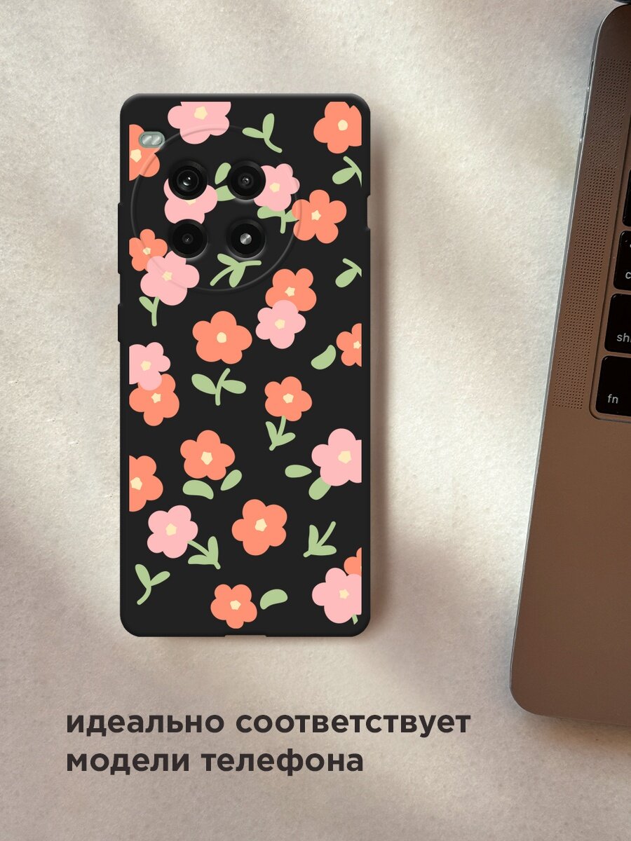 Черный матовый чехол на OnePlus Ace 3 Pro / Ван Плас Эйс 3 Про с принтом "Красные цветочки рисунок" — фото 1