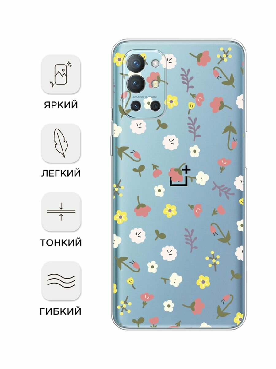 Чехол на OnePlus 9R / ВанПлас 9R с принтом "Россыпь цветов рисунок", прозрачный — фото 1