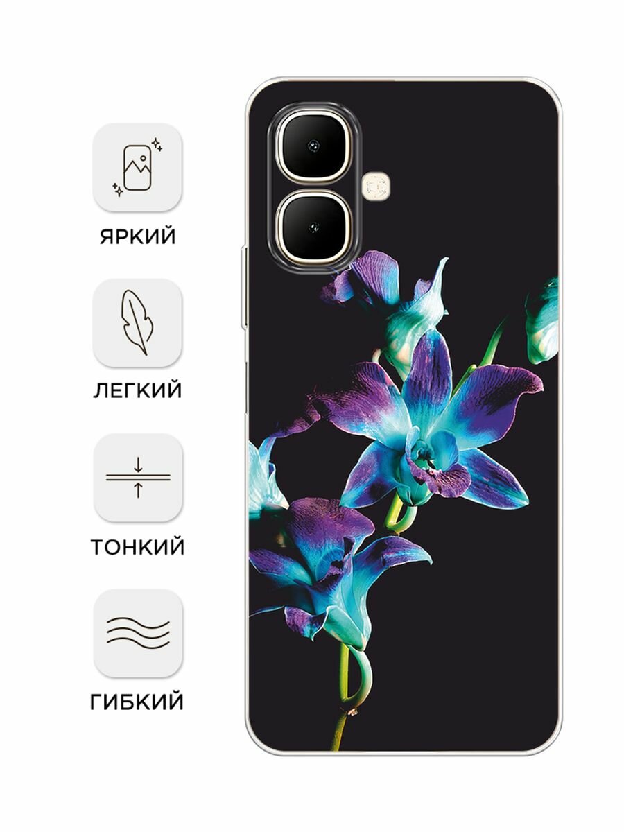 Чехол на Infinix Smart 10 / Инфиникс Смарт 10 с принтом "Синий цветок на черном" — фото 1