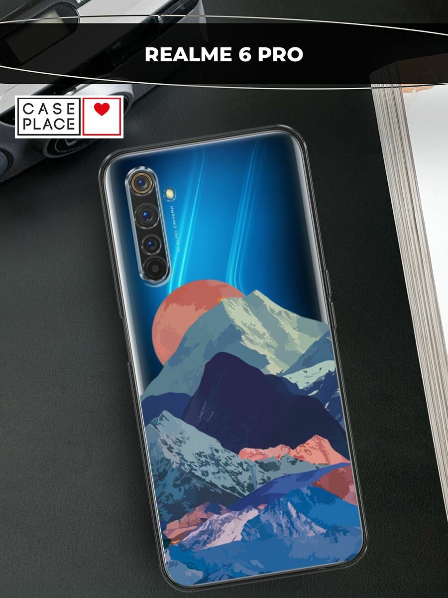 Чехол на Realme 6 Pro / Реалми 6 Про с принтом "Закат в снежных горах", прозрачный