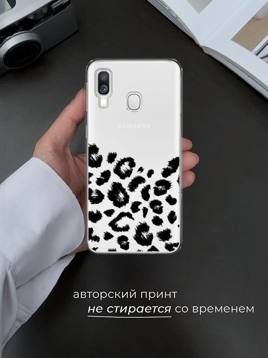 Чехол на Samsung Galaxy A40 / Самсунг Галакси А40 с принтом "Окрас леопарда фон черный", прозрачный — фото 1
