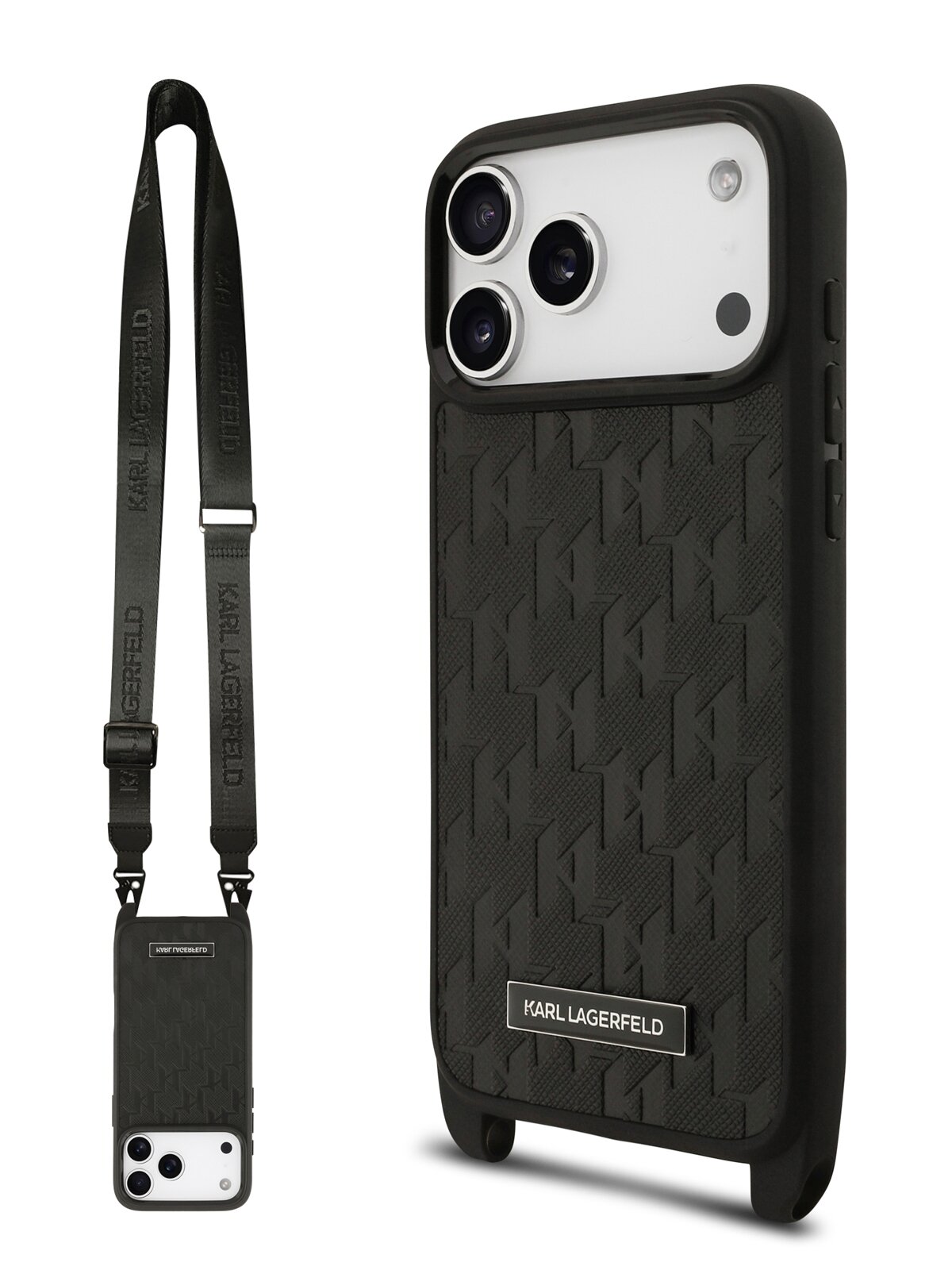 Karl Lagerfeld чехол для iPhone 17 Pro, кросс-боди с ремешком, из экокожи PU Monogram, черный