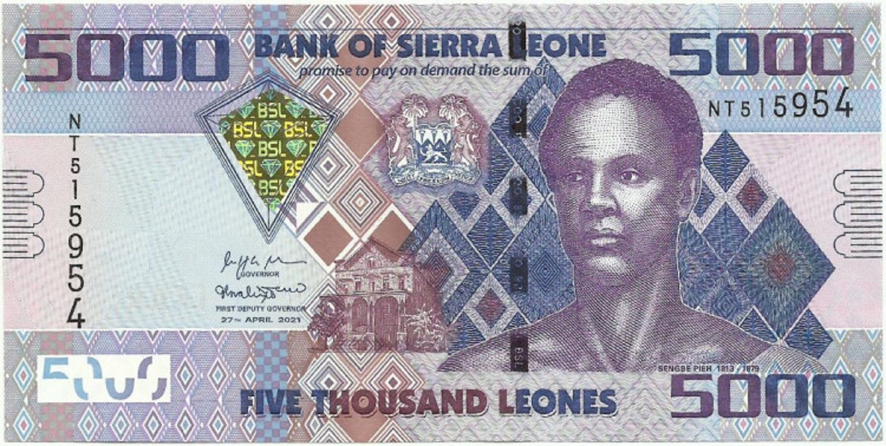 Банкнота номиналом 5000 леоне Сьерра-Леоне 2010-2021 годов. Состояние UNC P-32 (33091)