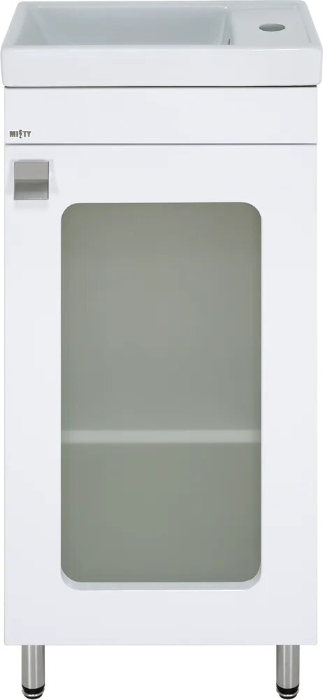 Тумба под раковину без столешницы Misty Урал 40 напольная, белая, глянцевая, из МДФ, стеклянная, тумба для ванной, с дверками, с доводчиками