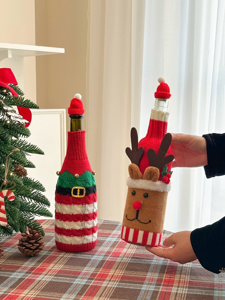 Новые рождественские украшения: вязаный чехол для бутылки вина, шерстяной чехол для шампанского, чехол для красного