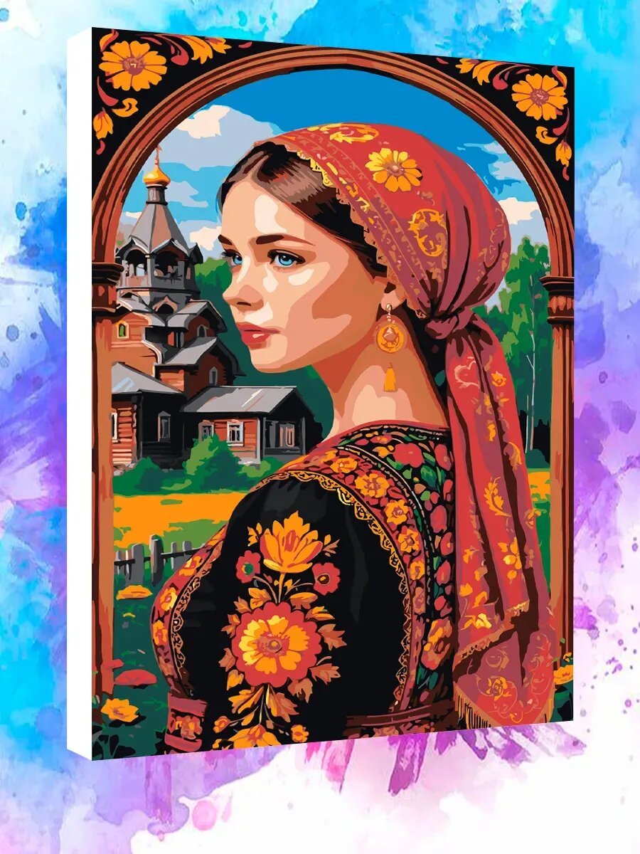 Картина по номерам Девушка Церковь Деревня Хохлома