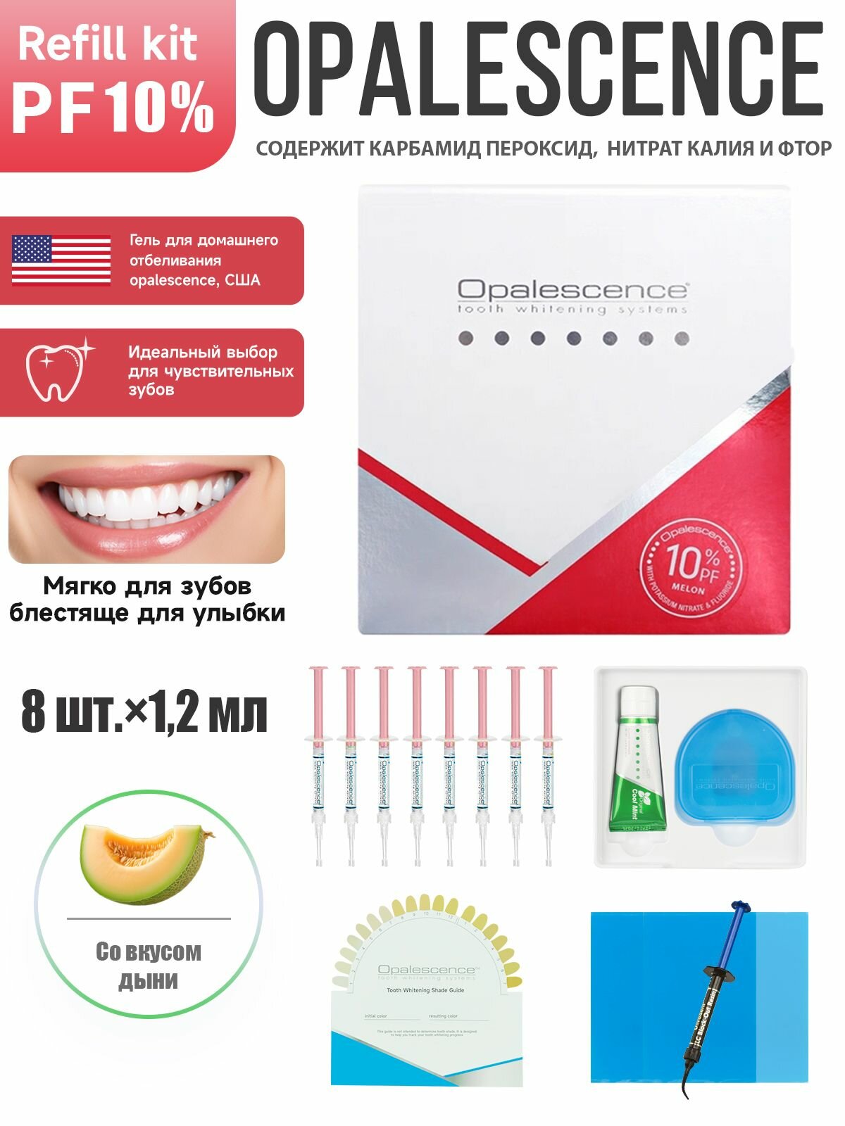 Opalescence PF 10% домашнее отбеливание зубов со вкусом дыни, 8 шприца
