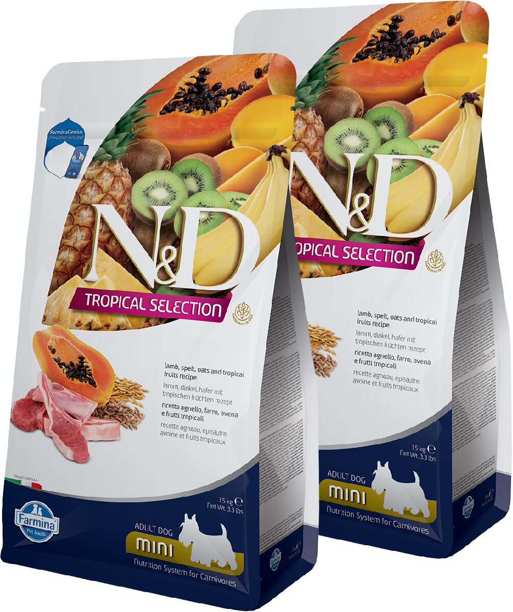 Корм сухой Farmina Dog N&D Tropical Selection Adult Mini Lamb низкозерновой для взрослых собак маленьких пород, ягненок, спельта, овес и тропические фрукты, 1,5 + 1,5 кг