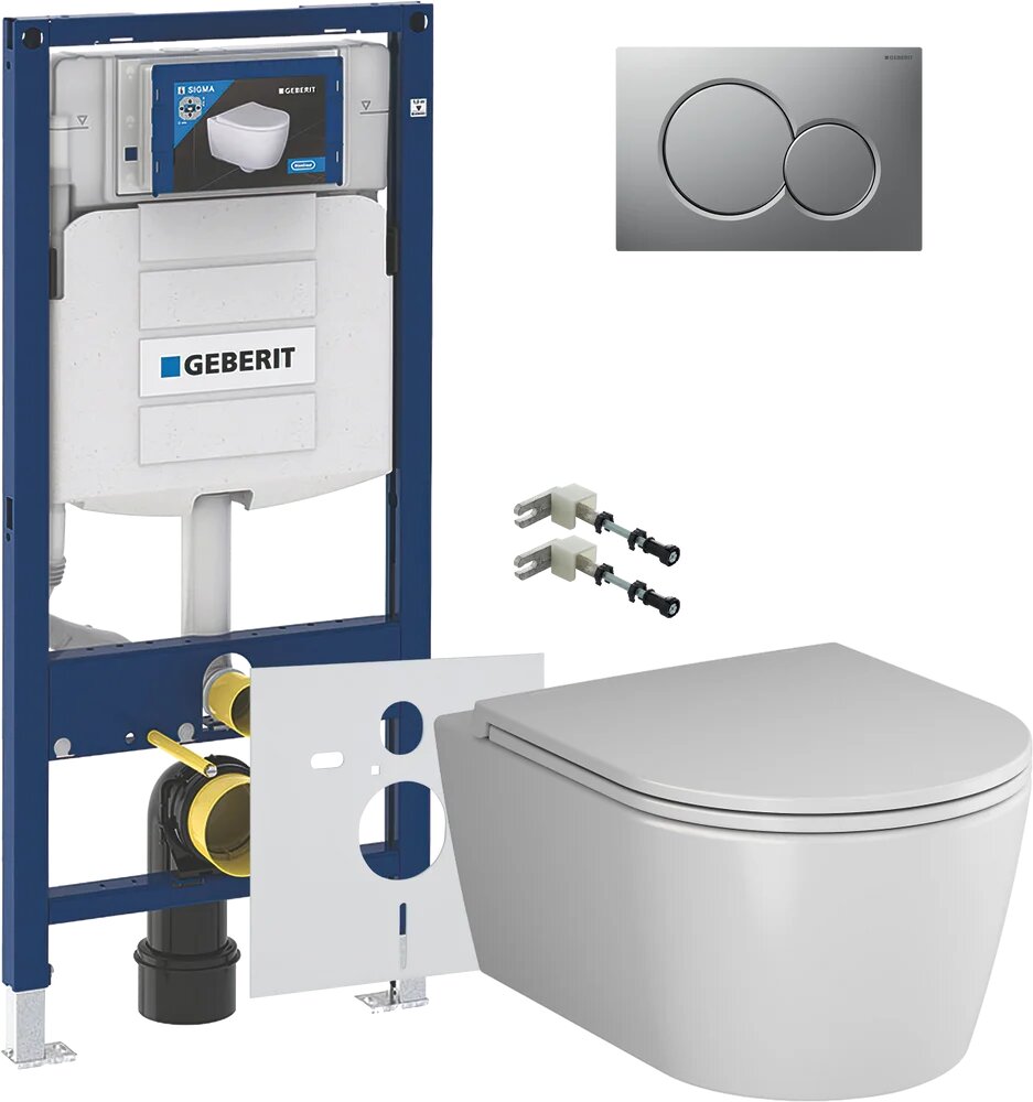 Комплект Унитаз подвесной AM.PM Func C8F1700SC безободковый, с микролифтом / Крепления Geberit Duofix к стене / Инсталляция UP 320 111.300.00.5, Кнопка Sigma лакированная, матовый хром, Шумоизоляция