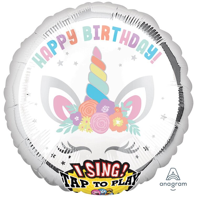 Воздушный шарик Anagram джамбо, музыкальный, Happy Birthday, рисунок единорог