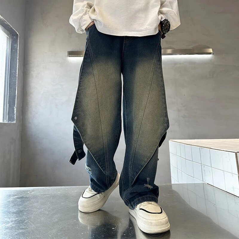 RONG CH Корейские детские джинсы с боковыми ремнями классические прямые градиентные 5-14 лет