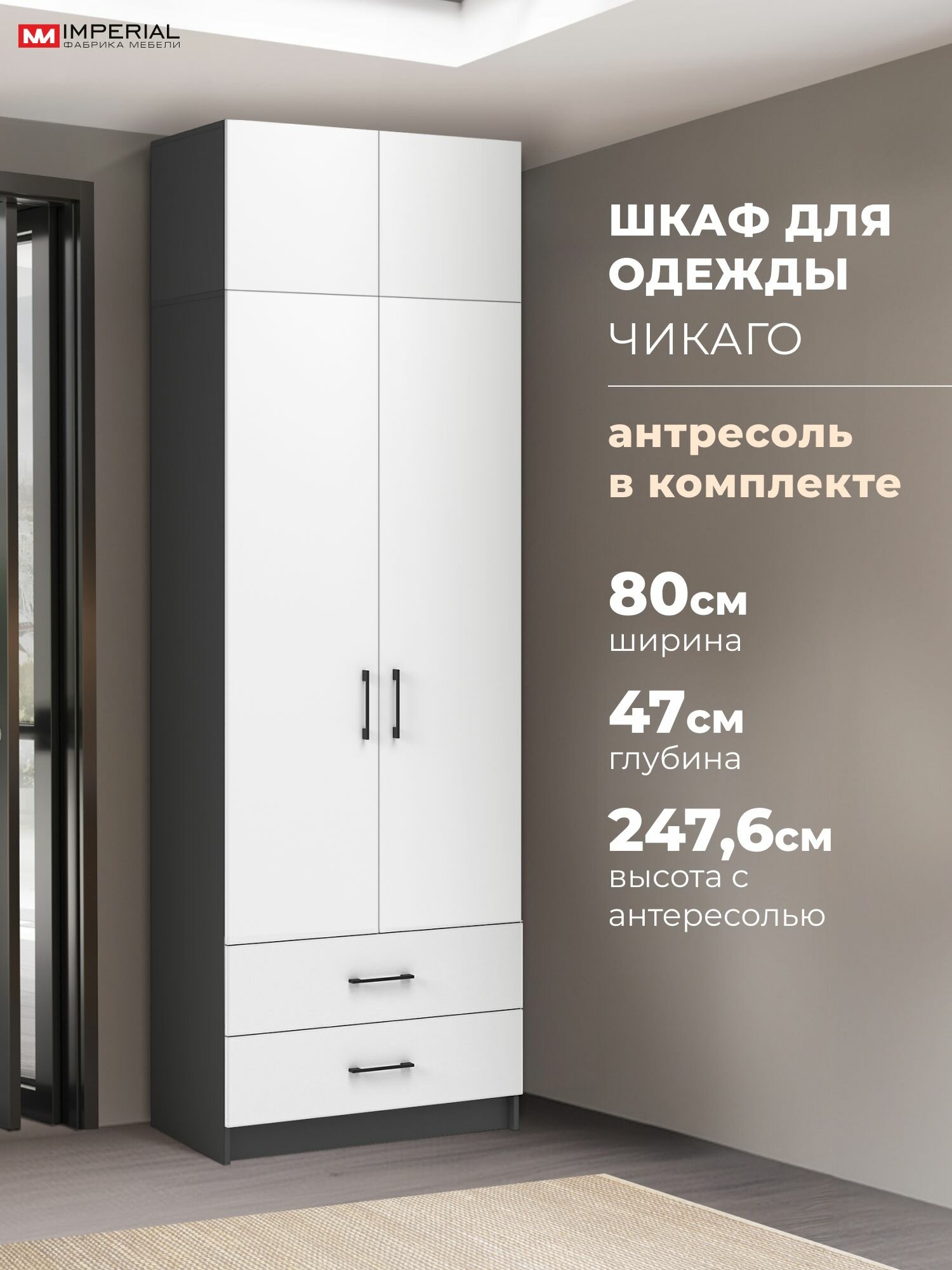 Шкаф распашной для одежды + антресоль Чикаго 2д 2ящ, антрацит/белый