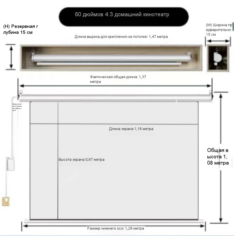 Экран проектора с электрическим дистанционным управлением, Экран 120x90 см Wallscreen 4:3 настенно-потолочный рулонный белый
