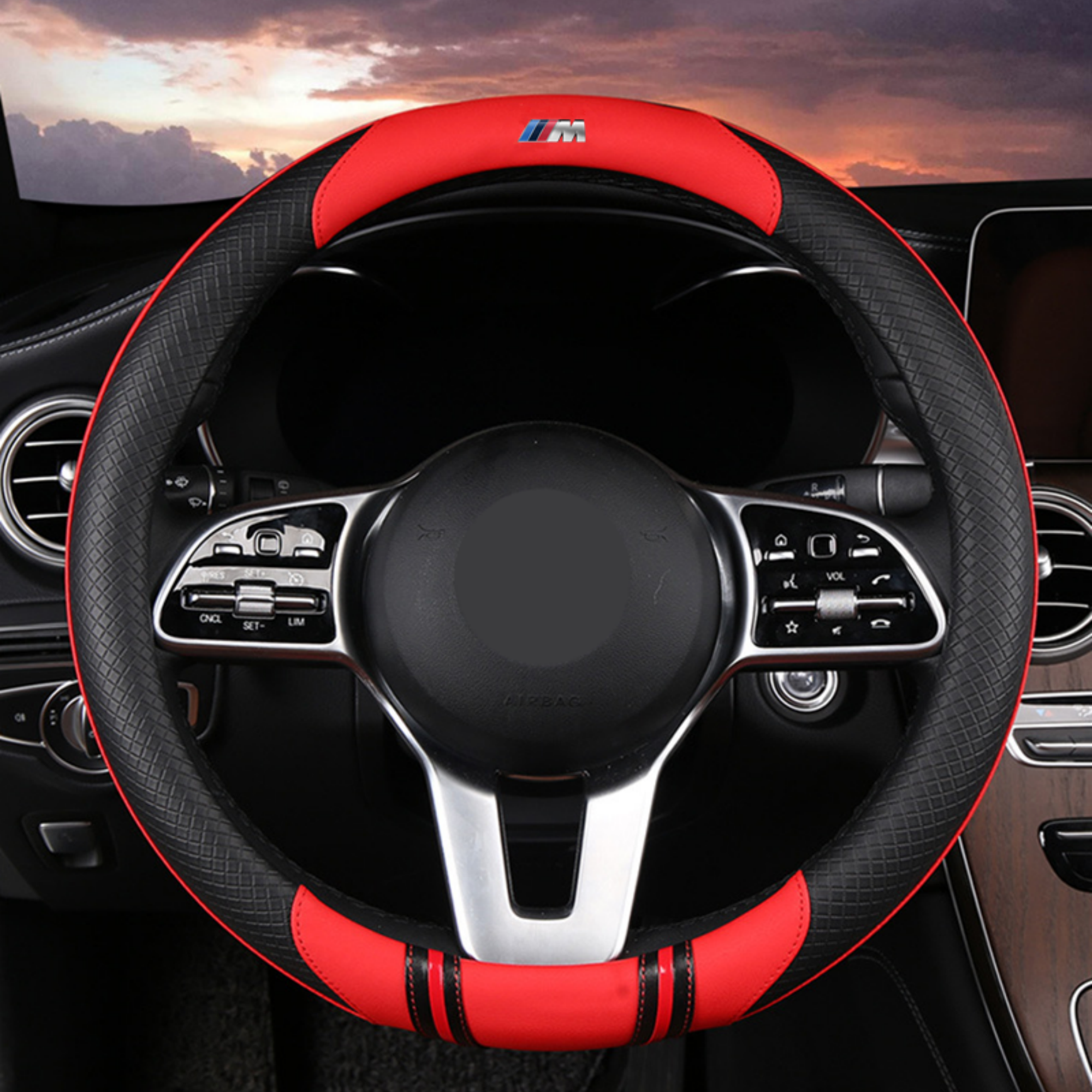 Чехол на руль автомобиля BMW M, двухцветная версия, диаметр 38 см, 1 шт, красный