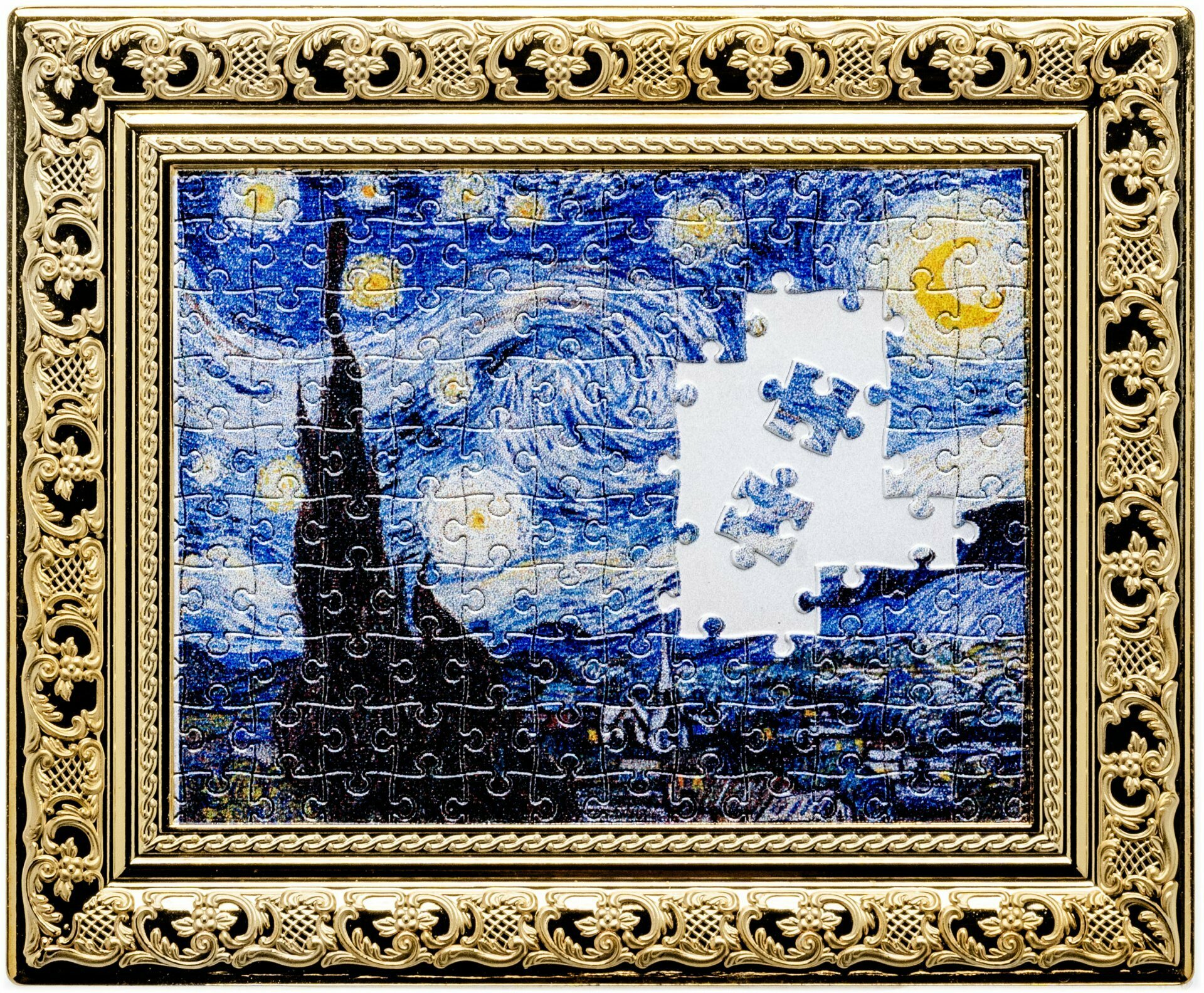 Остров Ниуэ 1 доллар 2022 "Паззл Ван Гог - Звездная ночь" в футляре с сертификатом, Медь - 60 г, серебро 999 пробы - 1 г 999, в сохранности Proof