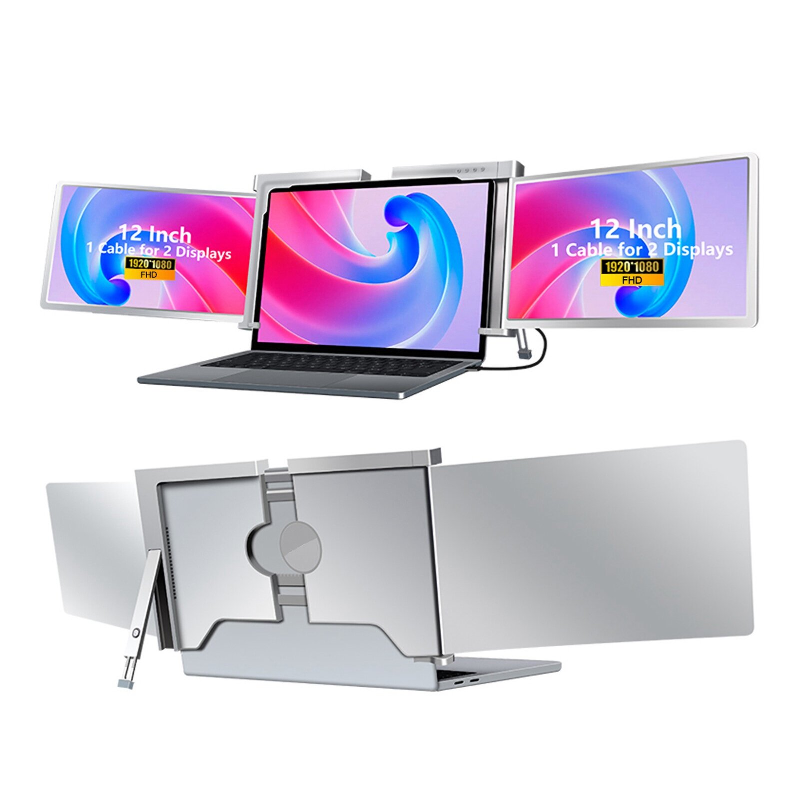 12-дюймовый экран расширения ноутбука FHD Портативный трехкратный монитор с 1 кабелем для 2 дисплеев для Windows, MacOS для ноутбука 13,3-16,5 дюйма