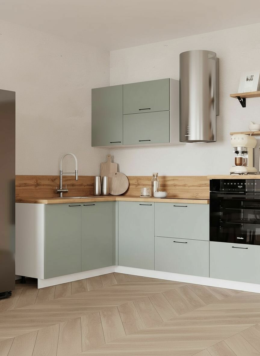 ARNIKA Кухонный гарнитур со столешницей "Дакия" угловой 1,5м*2,25м (без пм) цвет олива (зеленый), фасад Эмаль