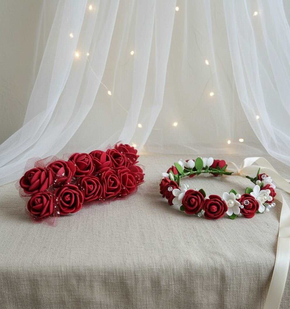 Цветы из фоамирана 2 см, бордовые, на металлической ножке, упаковка 12 штук