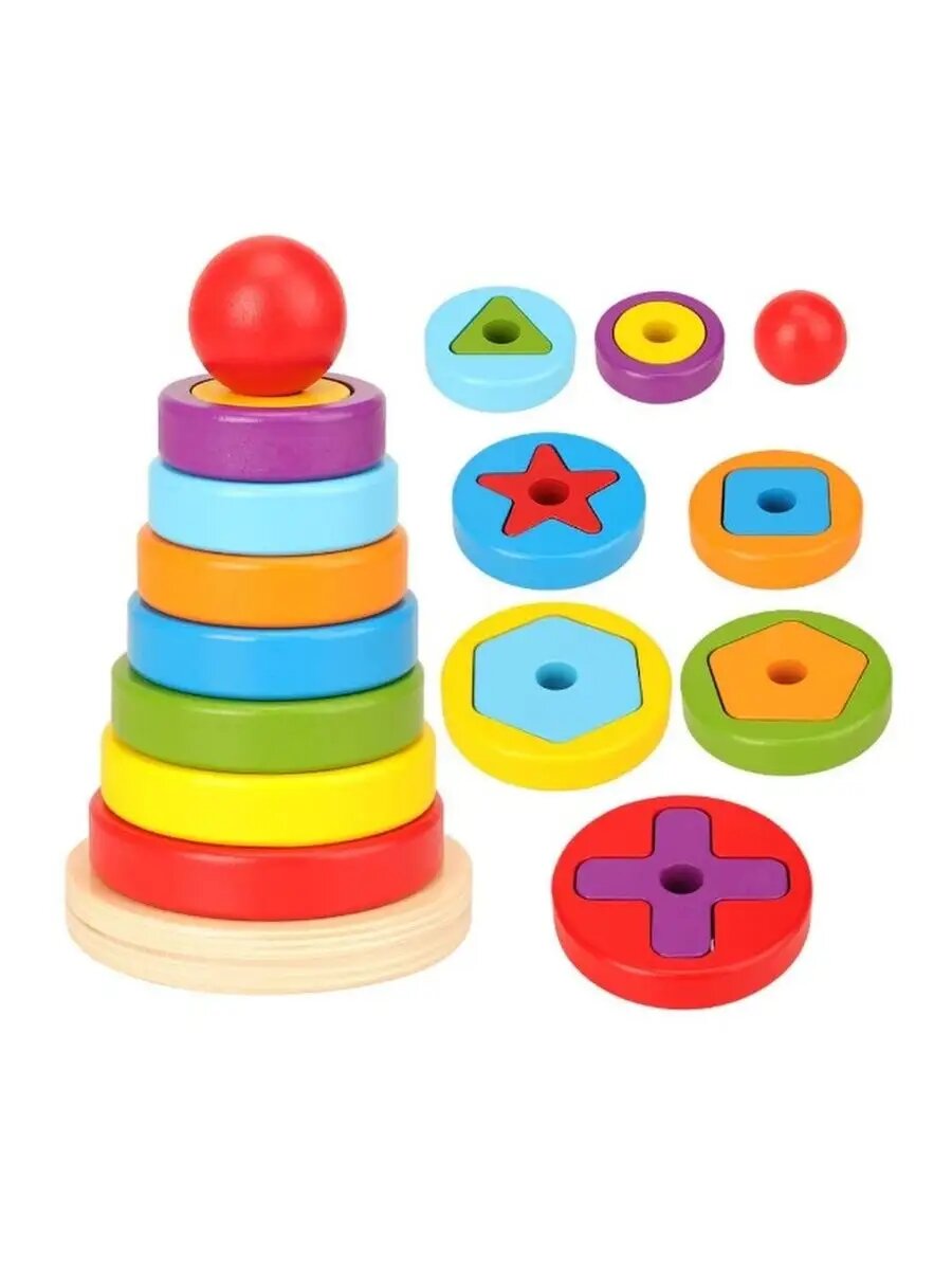 Пирамидка Кольца+геометрические фигуры деревянная