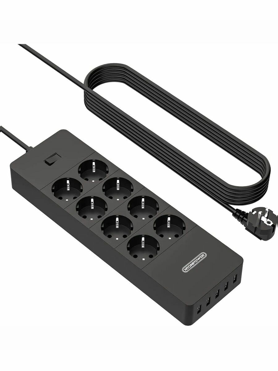 Сетевой фильтр с выключателем NTONPOWER 8 розеток 5 USB 3м 4000Вт, перегрузки заземление защита Для дома и офиса Возможность настенного монтажа