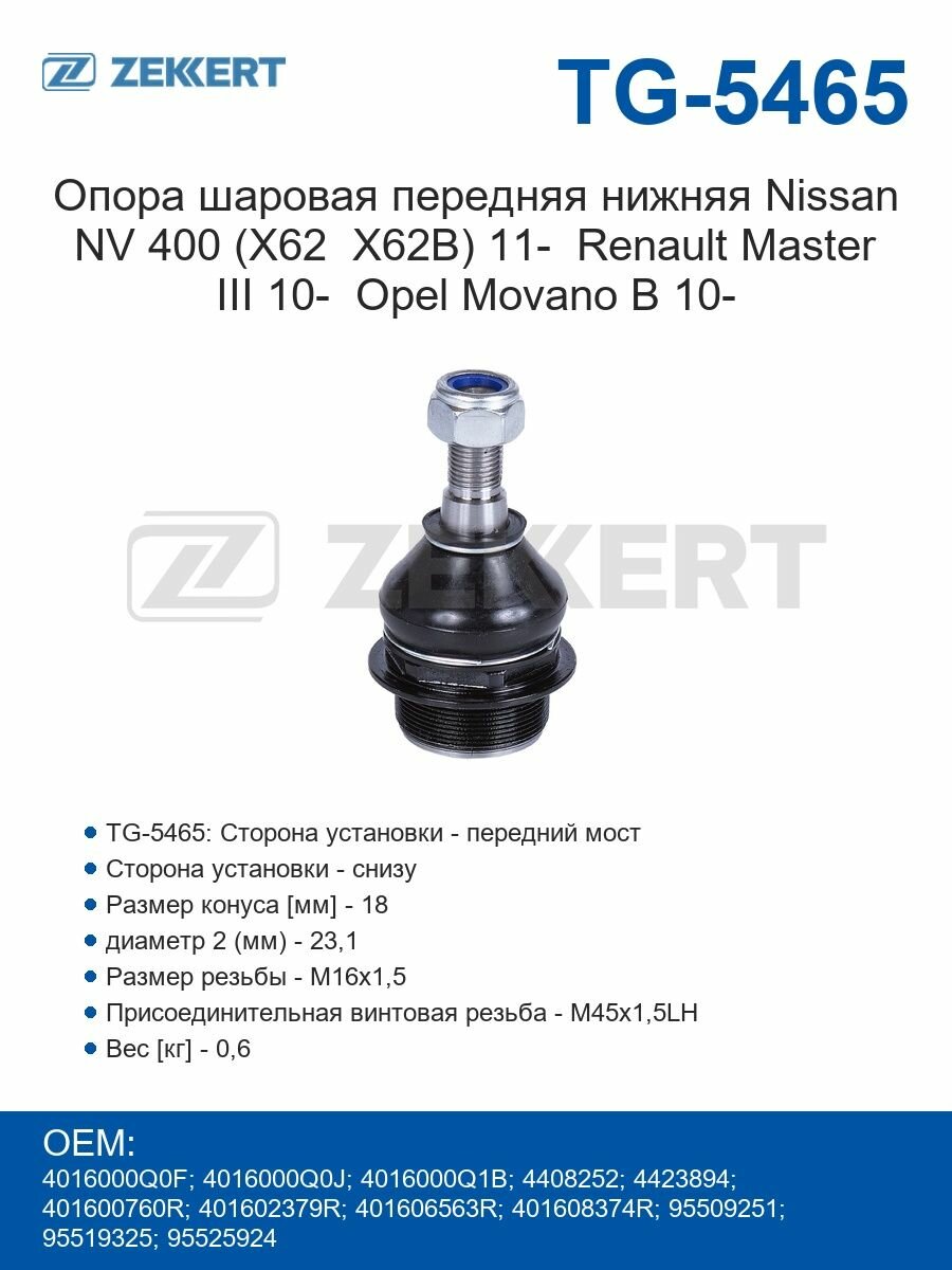 Zekkert Опора шаровая передняя нижняя (левая резьба) Opel Movano B с 2010 года Renault Master III с 2010 года Nissan NV 400 (X