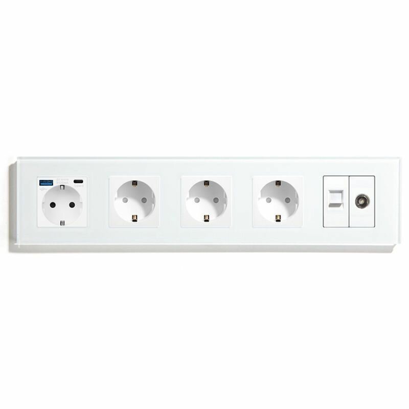 Эксклюзивная розетка на 5 модулей с портами USB Type C и разъемом RJ45, 220В, в белой стеклянной рамке
