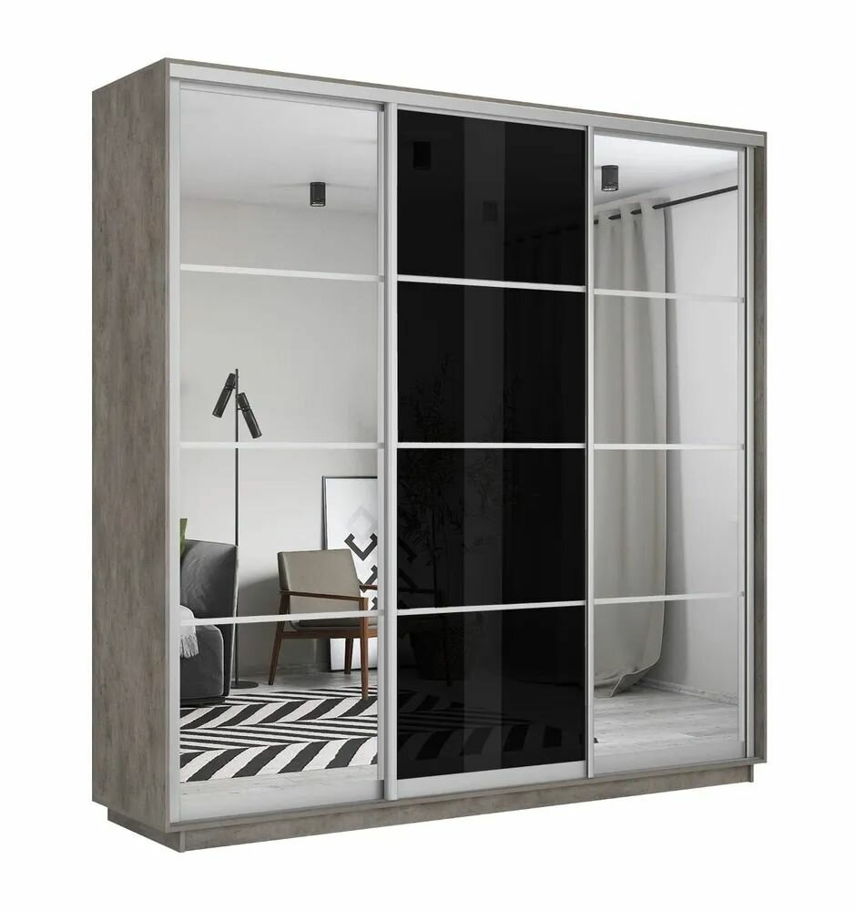 Шкаф-купе Флорида 3дв. (2 Зеркала/Стекло черное) профиль серебро, 180х60х220 см. Бетон