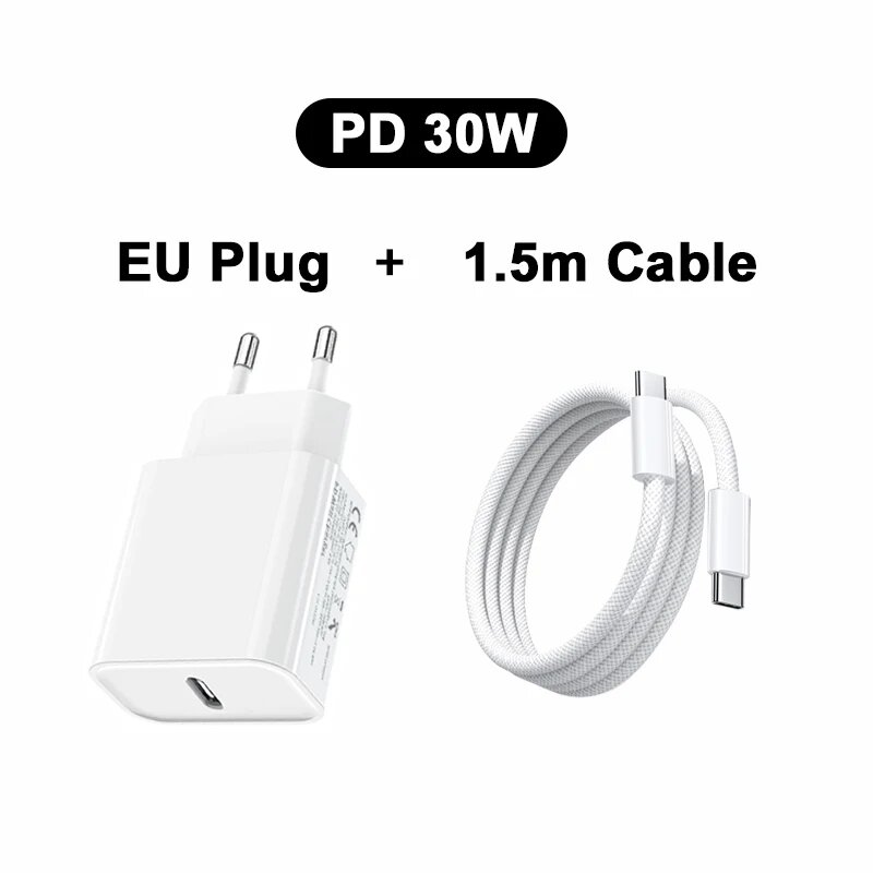 Адаптер питания для быстрой зарядки PD 30 Вт для iPhone 17 Pro Max USB Type C To C EU Plug and Cable