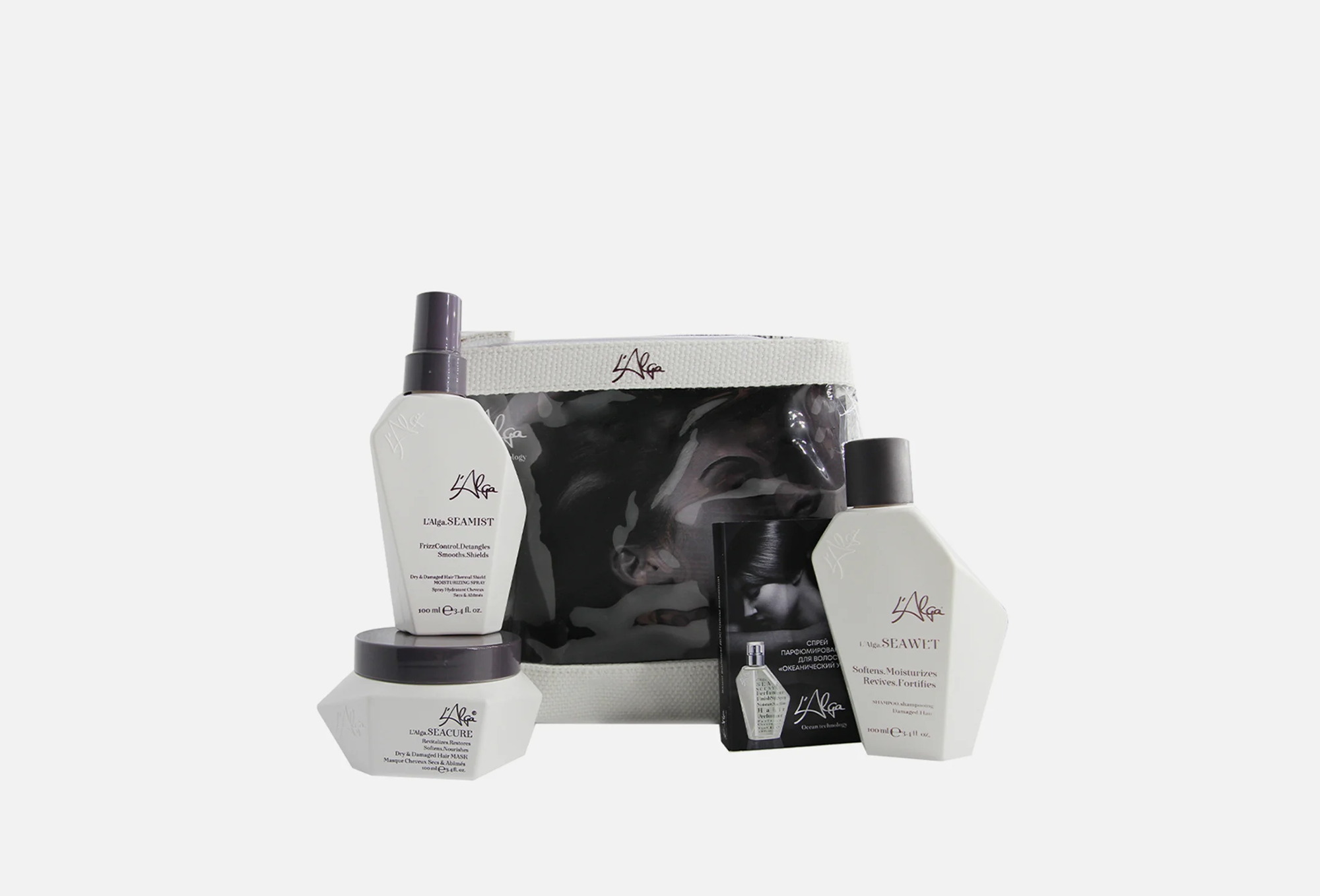 Набор SEABREEZE/Маска восстанавливающая интенсивного действия,100 мл, Шампунь оздоравливающий 100мл, Спрей несмываемый термозащитный 100мл, подарок Спрей парфюмированный 2 мл.
