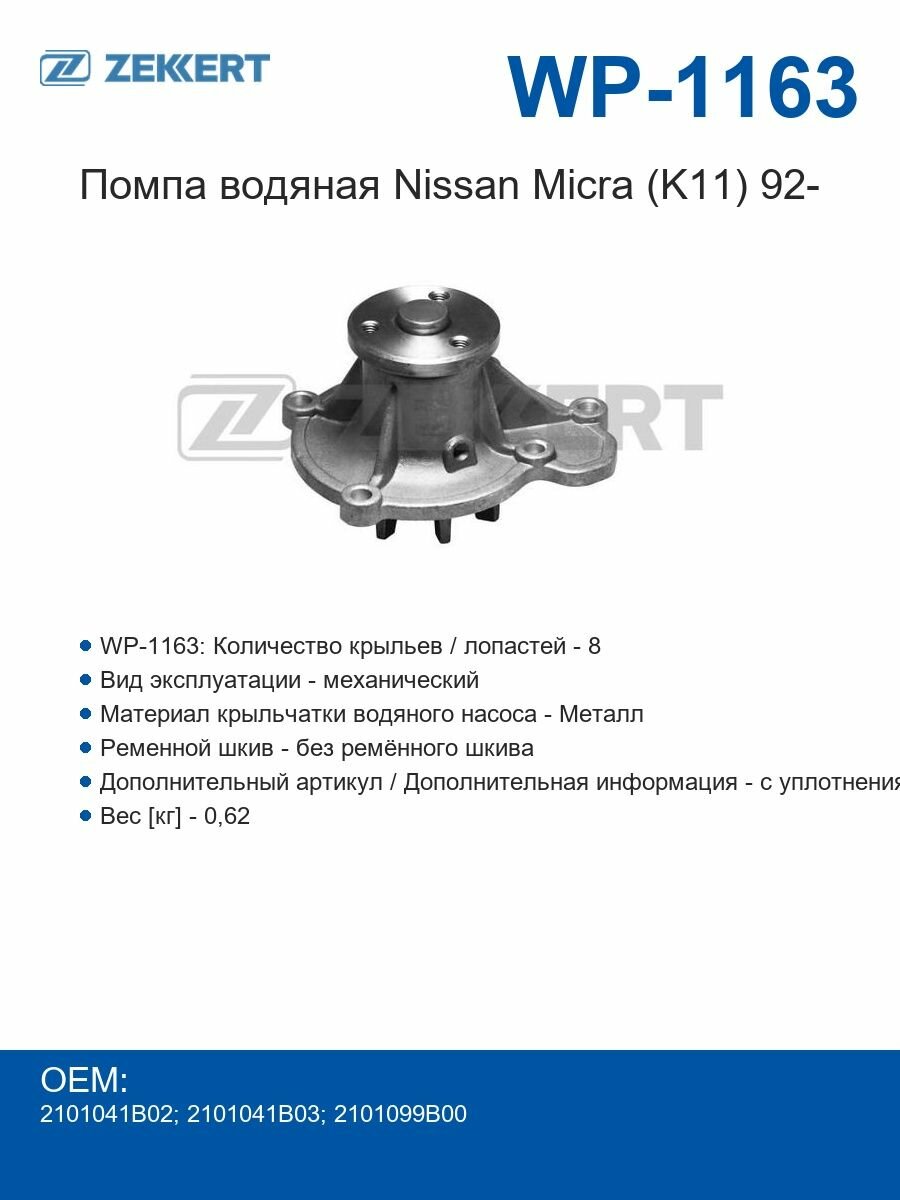 Zekkert Помпа водяная Nissan Micra (K11) с 1992 г.