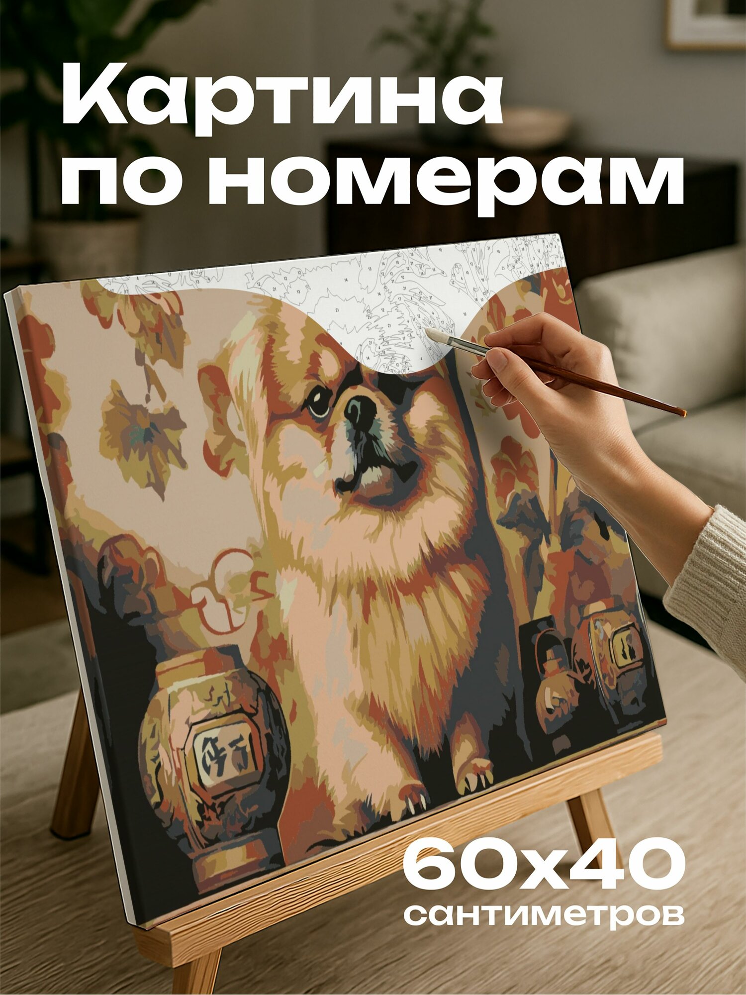 Картина по номерам 60x40 см, Пекинес, масляная картина, китайские символы, предвестник счастья, 5:3, процветание