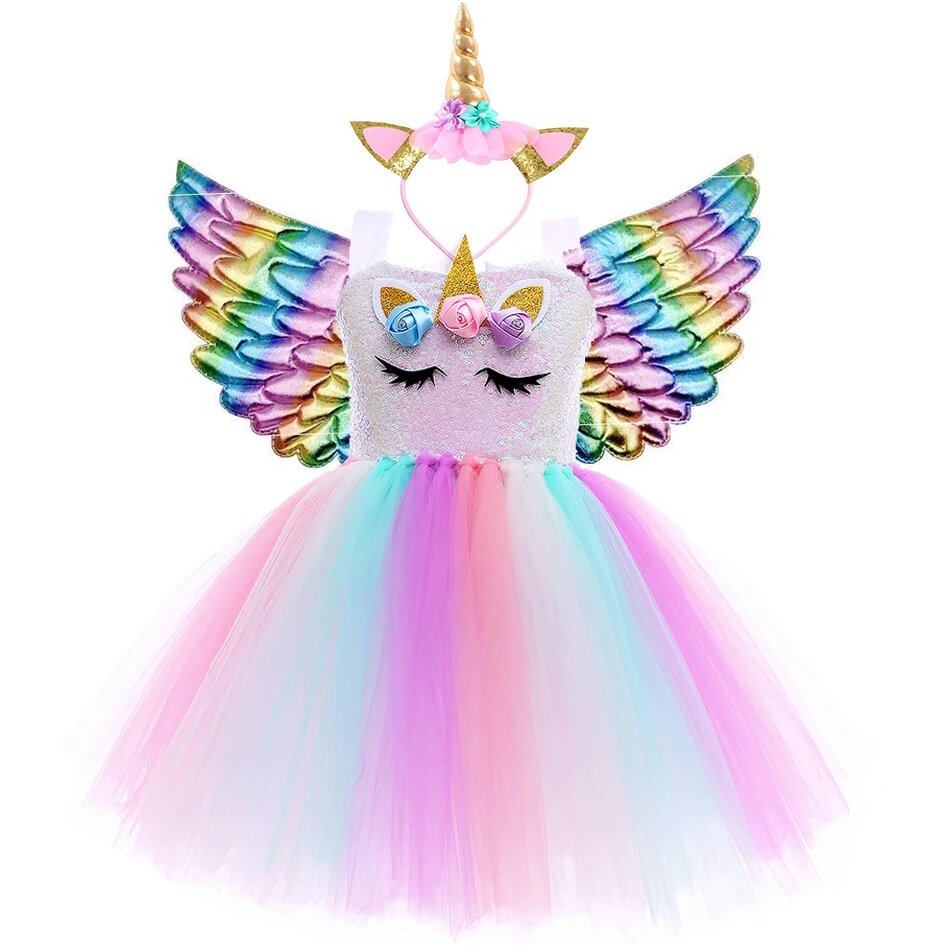Платье принцессы с единорогом для девочек, блестящая детская мультяшная одежда со светодиодными светящимися крыльями, повязка на голову, костюм для сцены, Хэллоуина