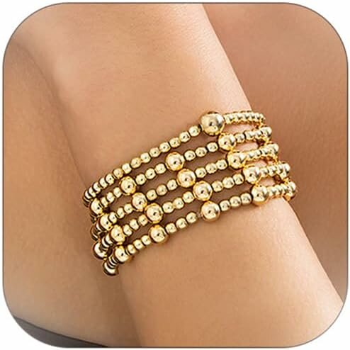 Набор женских браслетов из бусин, изысканный комплект из 5 штук, регулируемые браслеты из золотых/серебряных бусин для ношения в несколько рядов, модные эластичные браслеты, которые можно носить вместе, ювелирный подарок.
