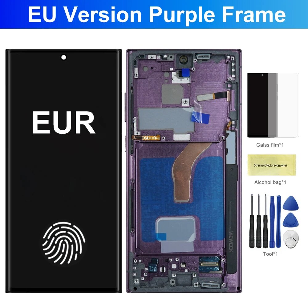 6,78-дюймовый S22 Ultra 5G Super AMOLED-экран для Samsung Galaxy S22 Ultra S908B EUR Purple Frame