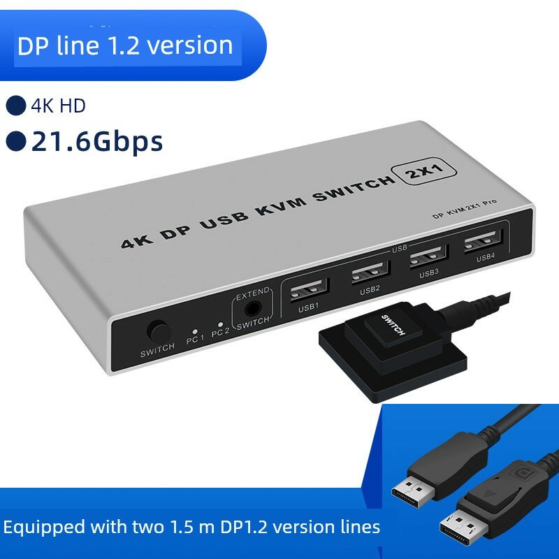 4K KVM переключатель DisplayPort 1.2 с парой кабелей 1.5 м для HDMI и DisplayPort выходов