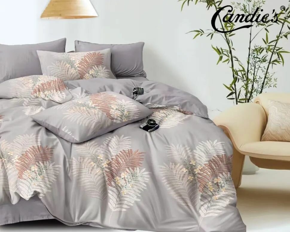 КПБ Candie's на резинке по кругу, 2-х спальное, серый листья