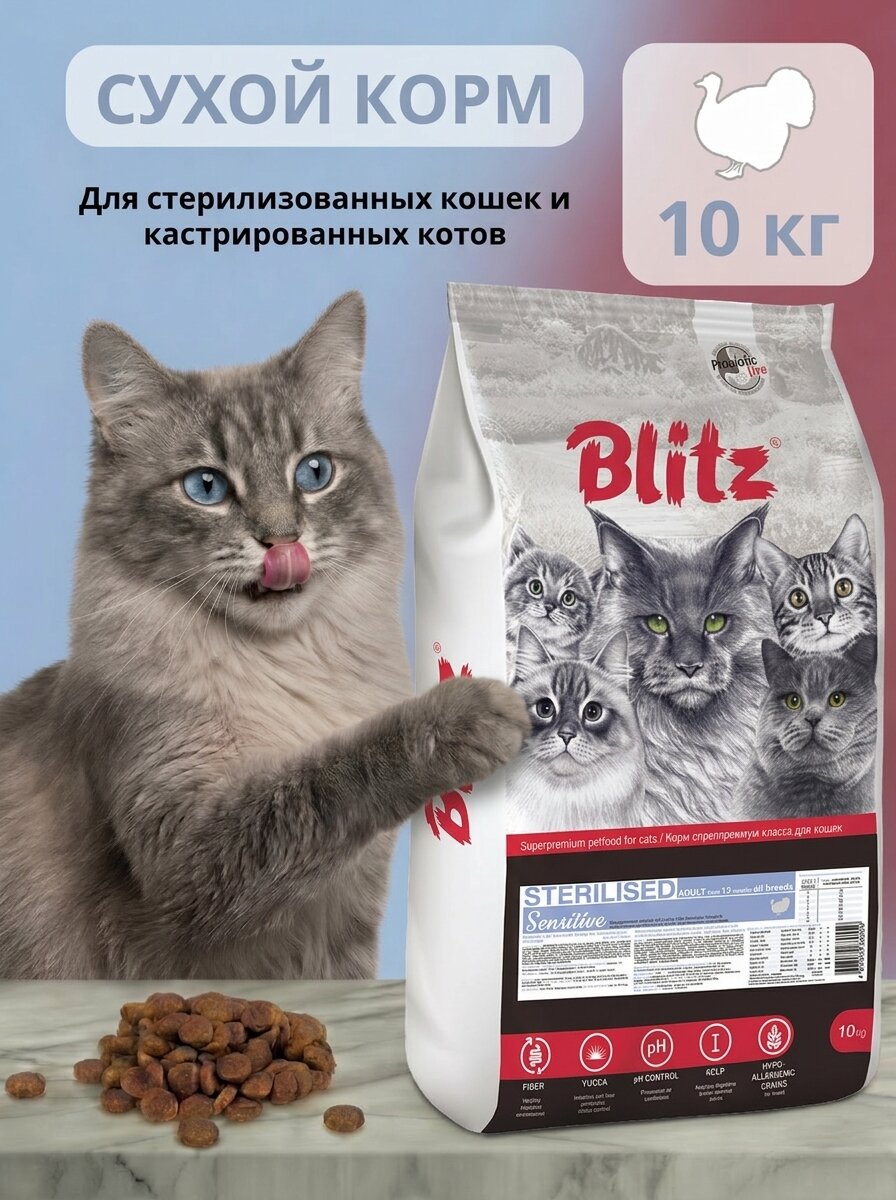 Корм для кошек стерилизованных Blitz Sensitive Sterilised с индейкой 10 кг