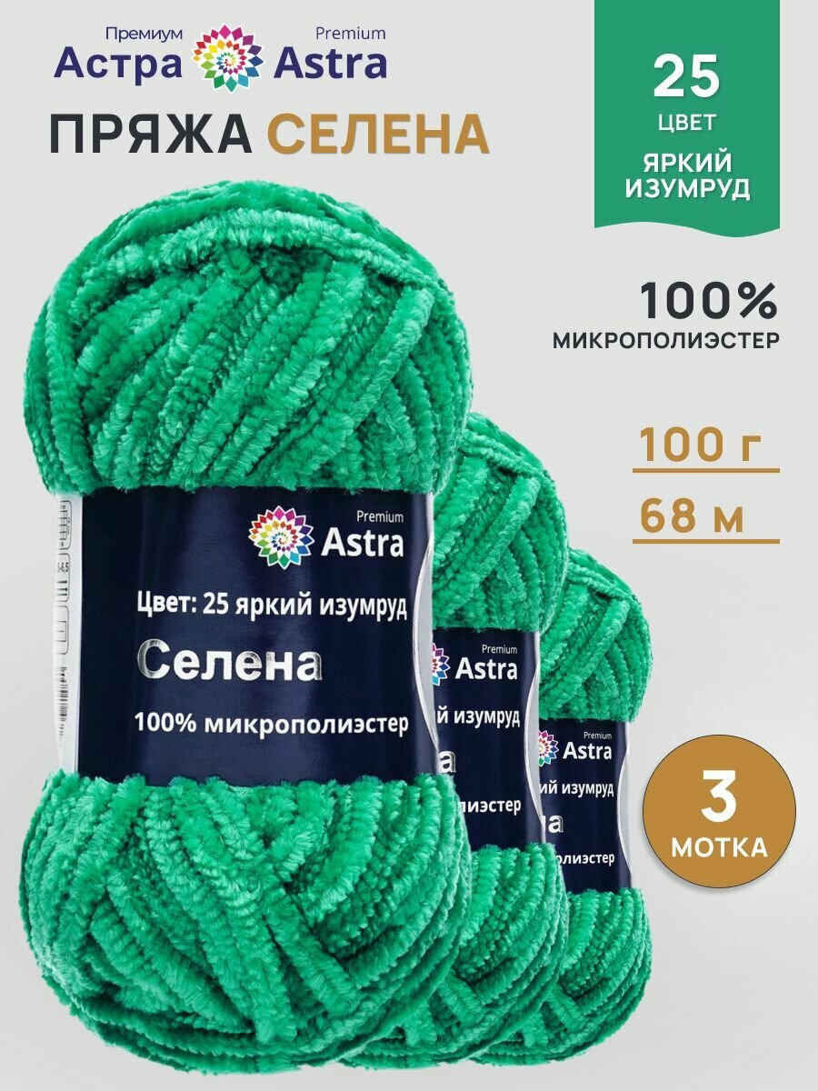 Пряжа для вязания Astra Premium 'Селена' 100г, 68м (100% микрополиэстер) (25 яркий изумруд), 3 мотка