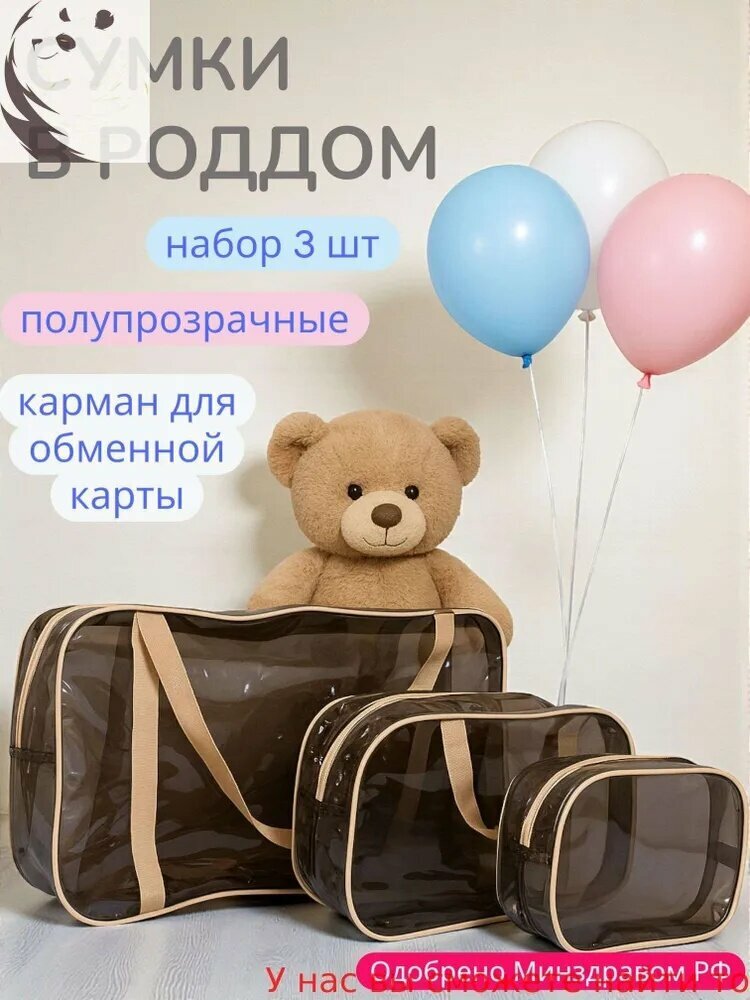 Сумка в роддом прозрачная, для мамы и малыша, набор из 3 шт, плотность - 120 микрон, цвет темно-коричневый