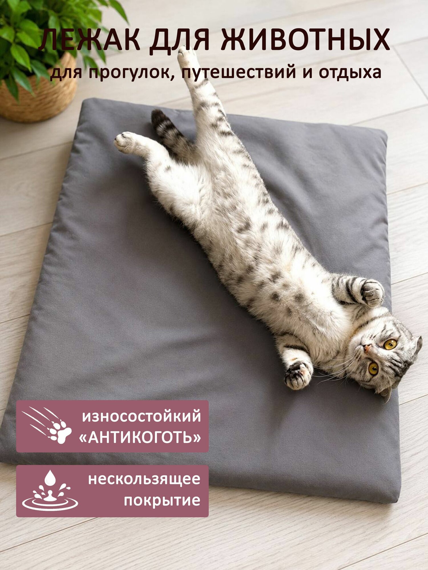 Лежанка для собак и кошек 60х80 см, антискользящая, антивандальная.