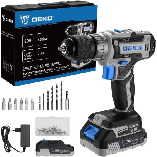 Аккумуляторная дрель-шуруповерт Deko DKCD20-Li SET1, 2x3.0Ач (083-1117)