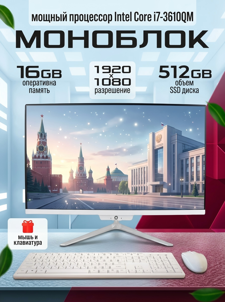 Моноблок 24 (Intel Core i7-3610QM, RAM 16 ГБ, SSD 512 ГБ, Windows 10 Pro), белый, слоновая кость, крутые аксессуары (клавиатура + мышка)