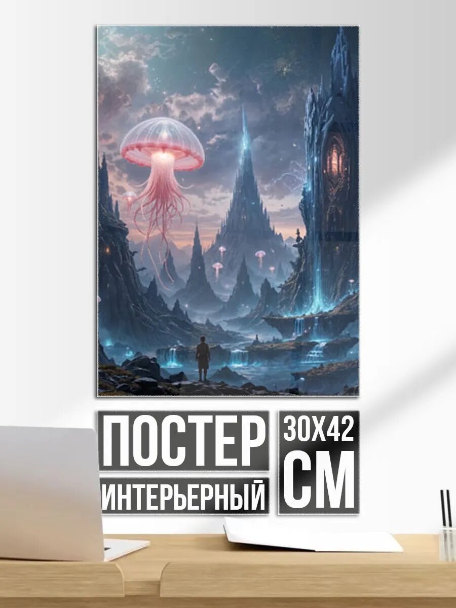 Постер на стену Фантастический мир с медузами и озеро у гор