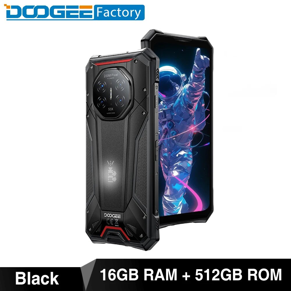 DOOGEE S300 Pro — защищенный смартфон 5G, 6,78-дюймовый FHD+, процессор Dimensity 8300 Octa-core, 48 ГБ + 512 ГБ памяти, аккумулятор 11000 мАч, 200 Мп, зарядка 66 Вт, Android 16, NFC.