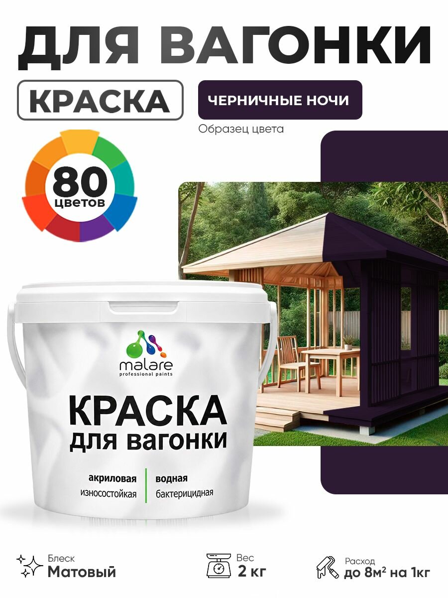 Акриловая краска для вагонки Malare для дерева, для фасадов и интерьера с антисептическим эффектом, быстросохнущая, без запаха, матовая, черничные ночи, 2 кг