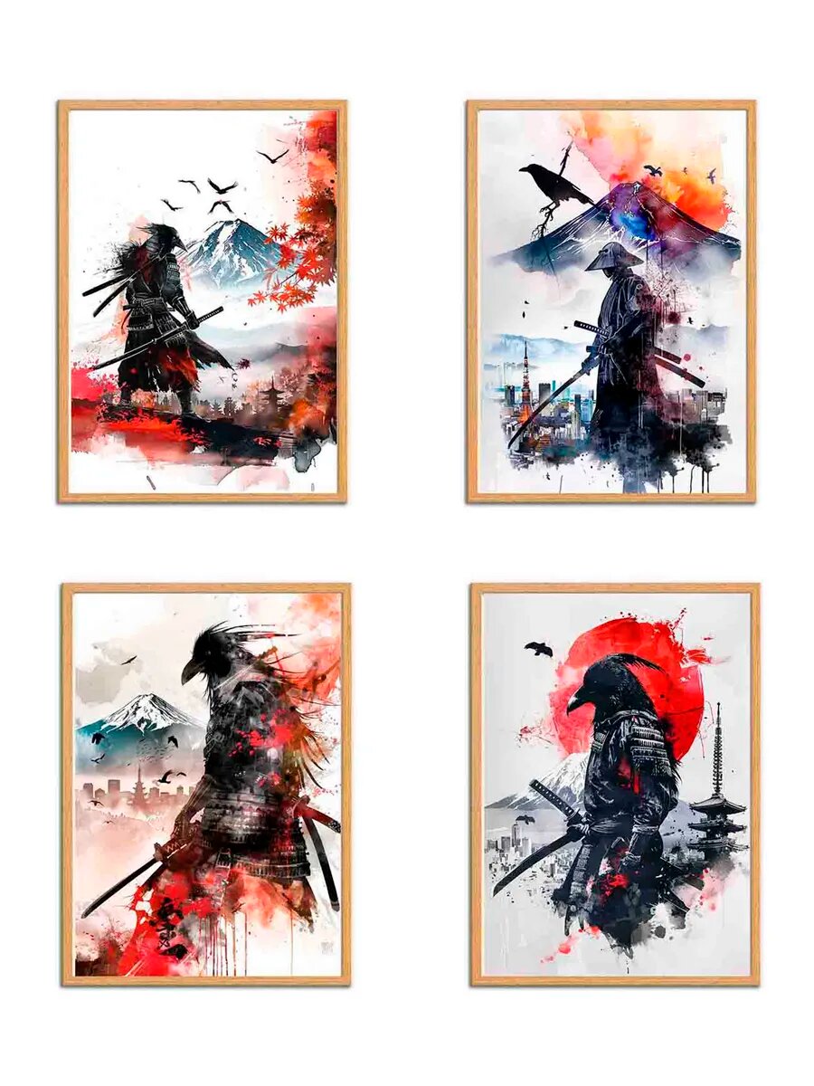Птица ворона Самурай, 4 Плаката, 30x21см